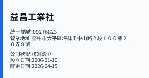 益昌工業社的照片-統編 09276823(臺中市) 公司登記資料與營業項目詳細圖表