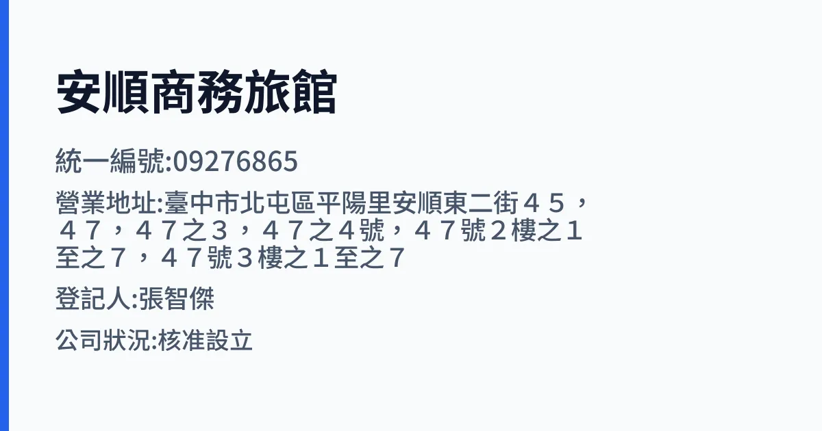 安順商務旅館 - 統編 09276865(臺中市) 公司登記資料與營業項目詳細圖表