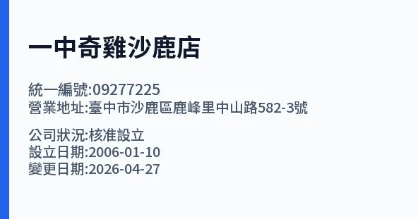 一中奇雞沙鹿店的照片-統編 09277225(臺中市) 公司登記資料與營業項目詳細圖表
