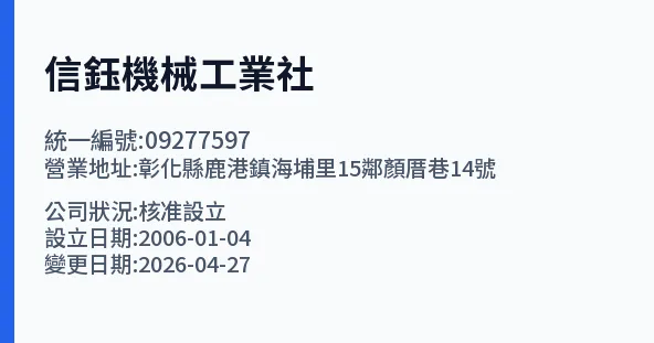 信鈺機械工業社的照片-統編 09277597(彰化縣) 公司登記資料與營業項目詳細圖表