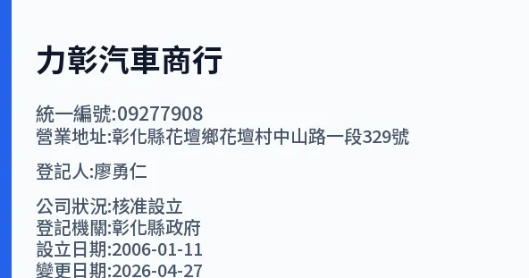 力彰汽車商行的照片-統編 09277908(彰化縣) 公司登記資料與營業項目詳細圖表