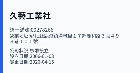 久藝工業社的照片-統編 09278266(彰化縣) 公司登記資料與營業項目詳細圖表