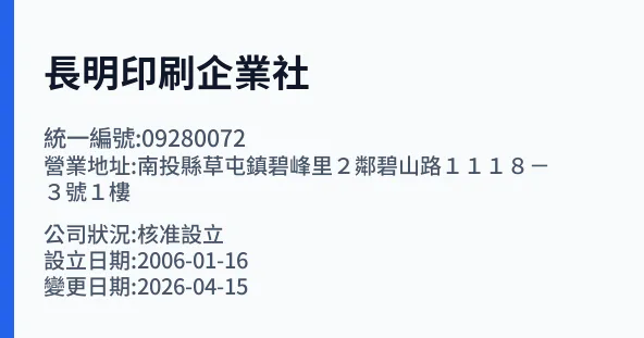 長明印刷企業社的照片-統編 09280072(南投縣) 公司登記資料與營業項目詳細圖表
