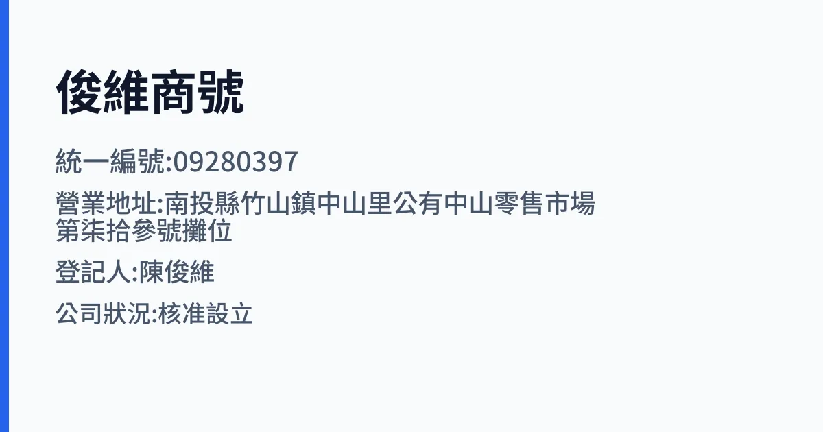 俊維商號 - 統編 09280397(南投縣) 公司登記資料與營業項目詳細圖表