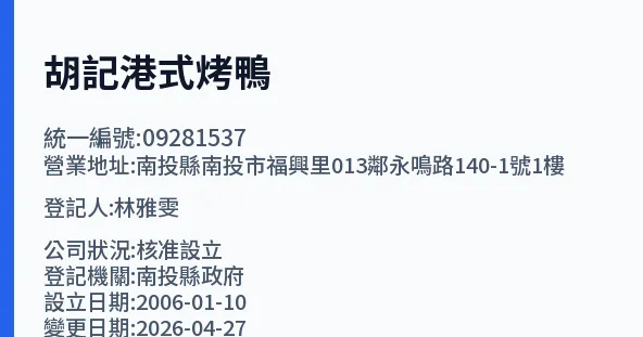 胡記港式烤鴨的照片-統編 09281537(南投縣) 公司登記資料與營業項目詳細圖表