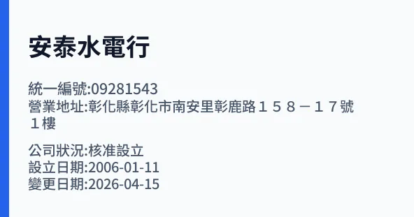 安泰水電行的照片-統編 09281543(彰化縣) 公司登記資料與營業項目詳細圖表