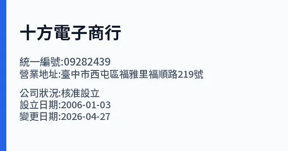 十方電子商行的照片-統編 09282439(臺中市) 公司登記資料與營業項目詳細圖表