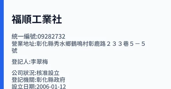 福順工業社的照片-統編 09282732(彰化縣) 公司登記資料與營業項目詳細圖表