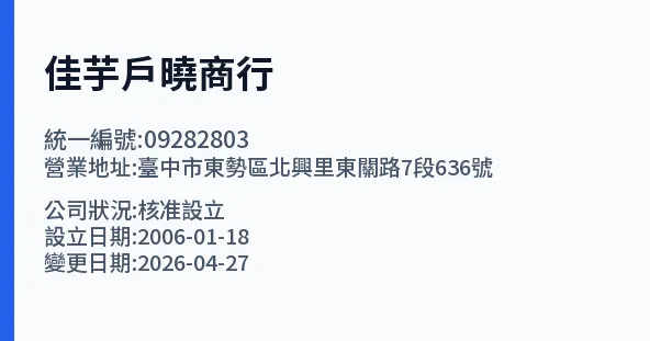 佳芋戶曉商行的照片-統編 09282803(臺中市) 公司登記資料與營業項目詳細圖表