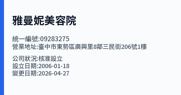 雅曼妮美容院的照片-統編 09283275(臺中市) 公司登記資料與營業項目詳細圖表
