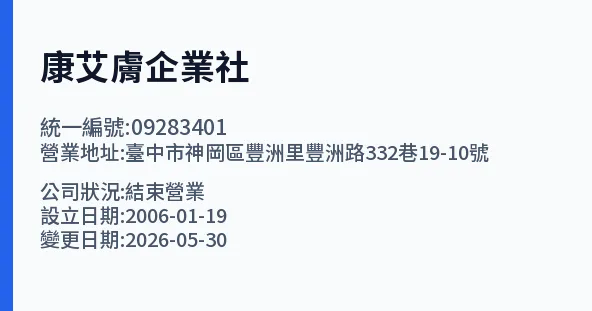 康艾膚企業社的照片-統編 09283401(臺中市) 公司登記資料與營業項目詳細圖表