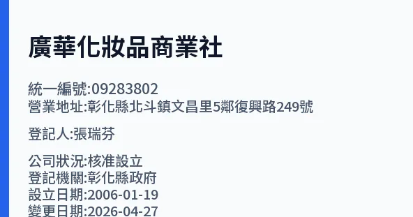 廣華化妝品商業社的照片-統編 09283802(彰化縣) 公司登記資料與營業項目詳細圖表