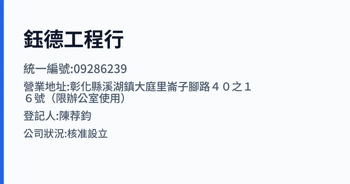 鈺德工程行 - 統編 09286239(彰化縣) 公司登記資料與營業項目詳細圖表