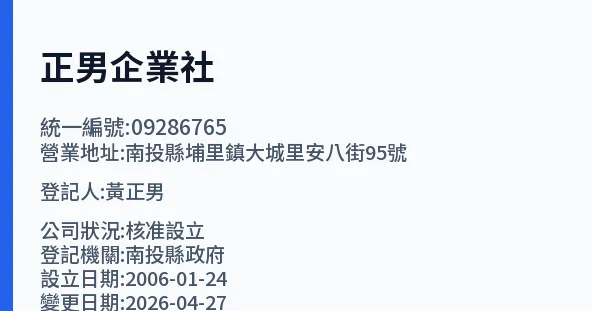 正男企業社的照片-統編 09286765(南投縣) 公司登記資料與營業項目詳細圖表