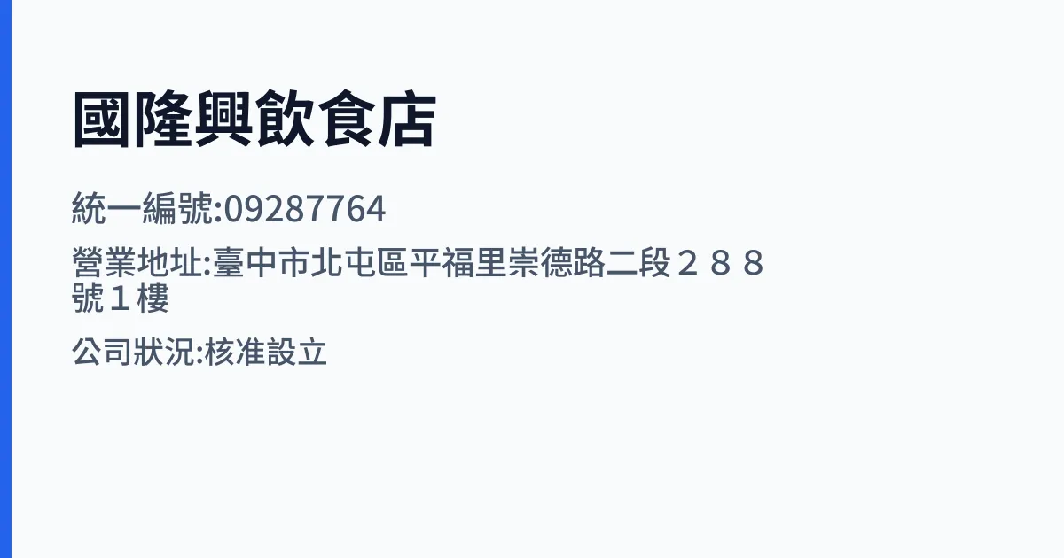 國隆興飲食店 - 統編 09287764(臺中市) 公司登記資料與營業項目詳細圖表