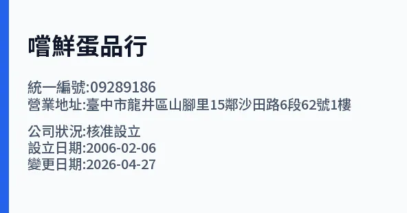 嚐鮮蛋品行的照片-統編 09289186(臺中市) 公司登記資料與營業項目詳細圖表