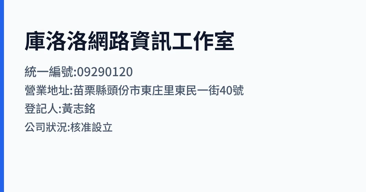 庫洛洛網路資訊工作室 - 統編 09290120(苗栗縣) 公司登記資料與營業項目詳細圖表