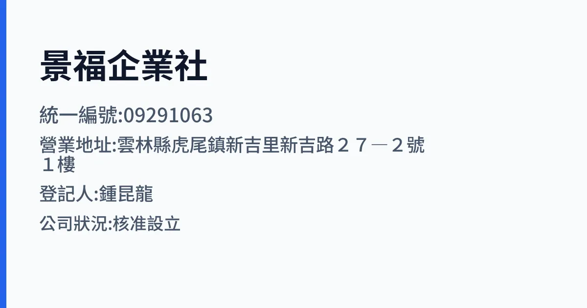 景福企業社 - 統編 09291063(雲林縣) 公司登記資料與營業項目詳細圖表