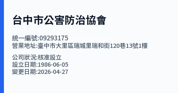 台中市公害防治協會的照片-統編 09293175(臺中市) 公司登記資料與營業項目詳細圖表