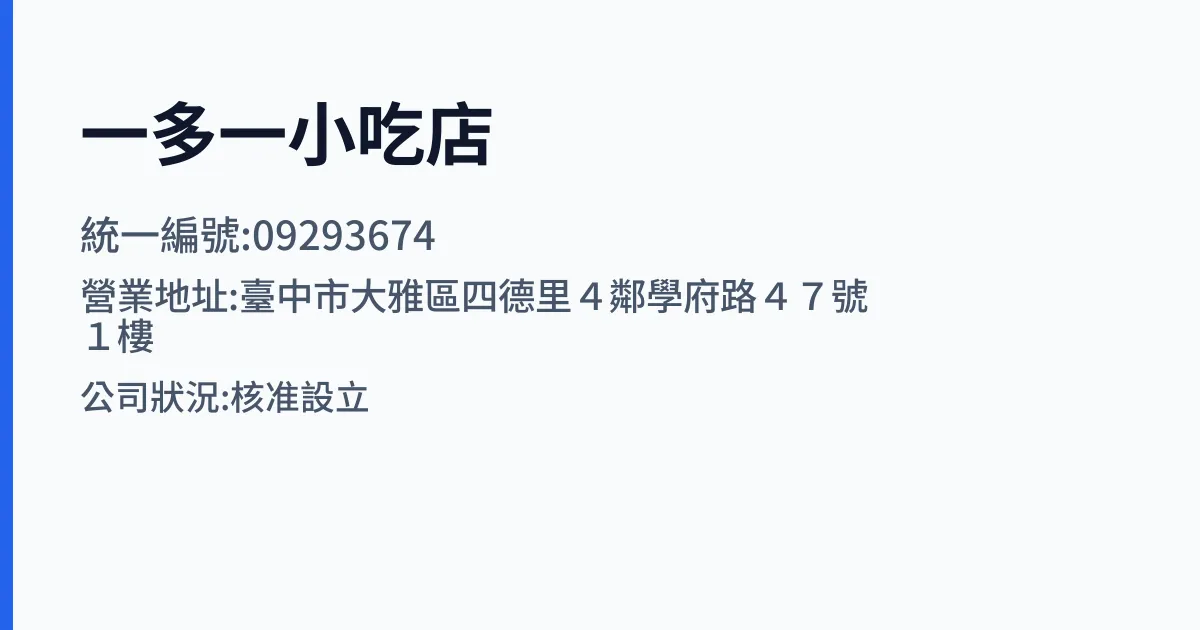一多一小吃店 - 統編 09293674(臺中市) 公司登記資料與營業項目詳細圖表