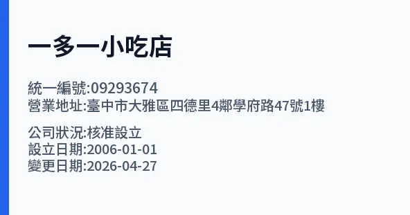 一多一小吃店的照片-統編 09293674(臺中市) 公司登記資料與營業項目詳細圖表