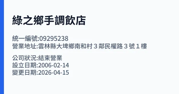 綠之鄉手調飲店的照片-統編 09295238(雲林縣) 公司登記資料與營業項目詳細圖表