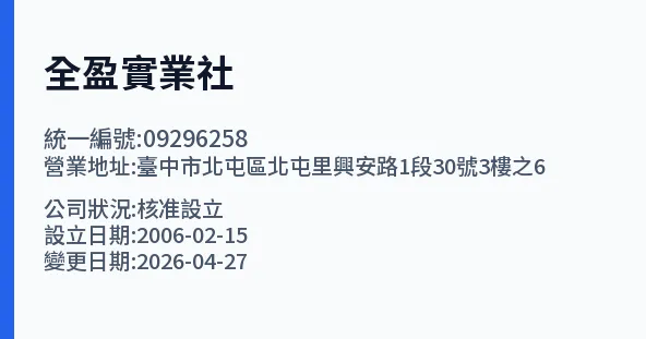全盈實業社的照片-統編 09296258(臺中市) 公司登記資料與營業項目詳細圖表