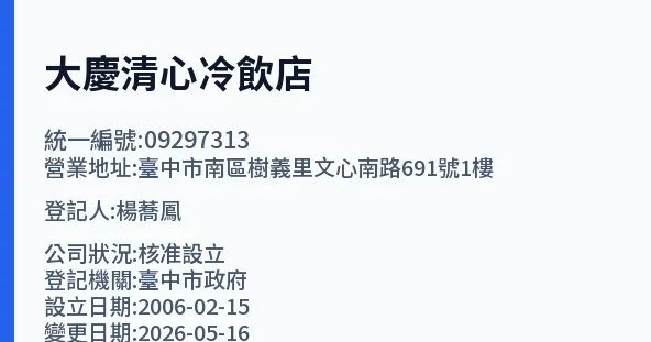 大慶清心冷飲店的照片-統編 09297313(臺中市) 公司登記資料與營業項目詳細圖表