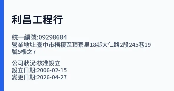 利昌工程行的照片-統編 09298684(臺中市) 公司登記資料與營業項目詳細圖表