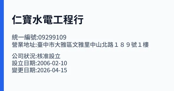 仁寶水電工程行的照片-統編 09299109(臺中市) 公司登記資料與營業項目詳細圖表