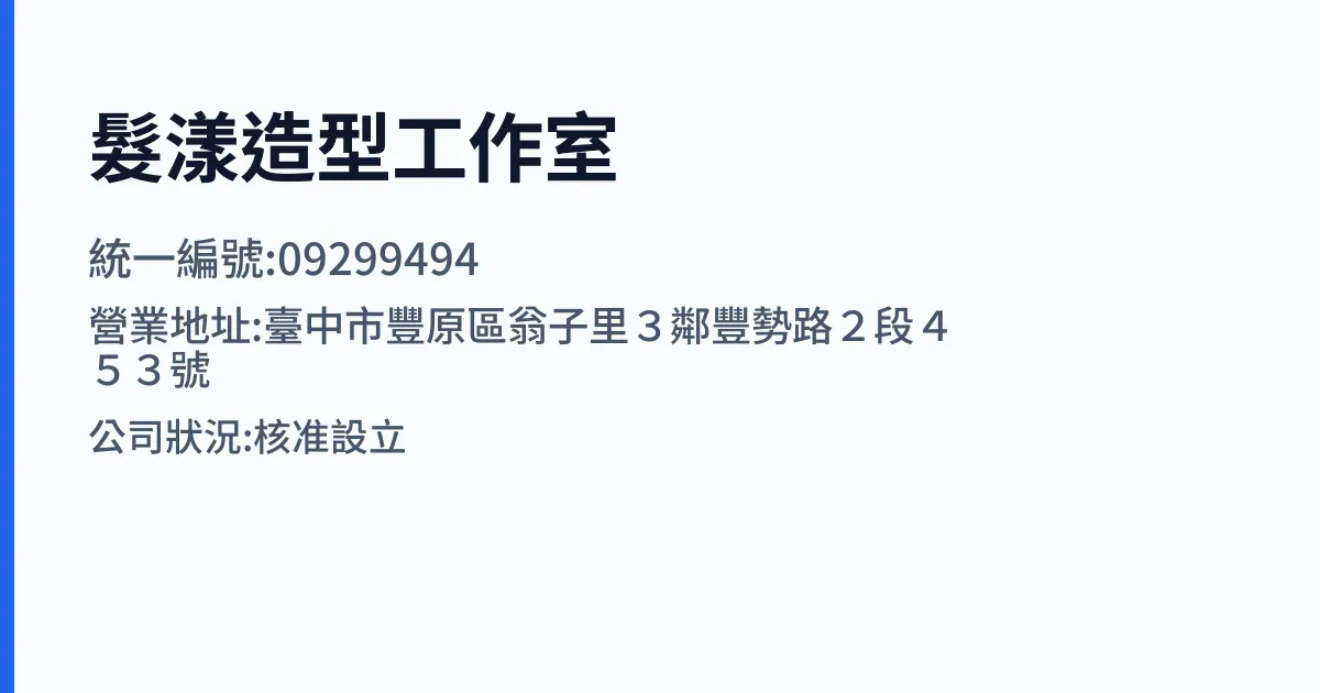 髮漾造型工作室 - 統編 09299494(臺中市) 公司登記資料與營業項目詳細圖表