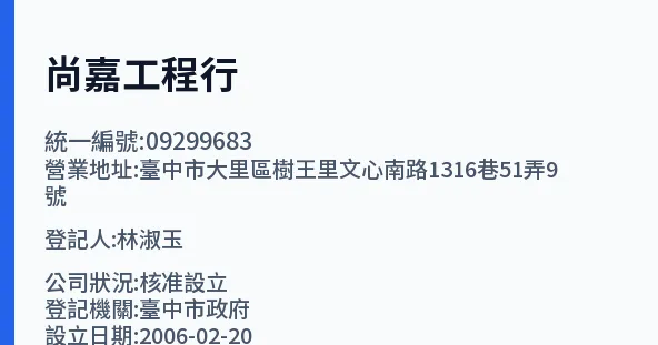 尚嘉工程行的照片-統編 09299683(臺中市) 公司登記資料與營業項目詳細圖表