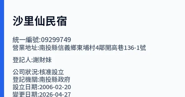 沙里仙民宿的照片-統編 09299749(南投縣) 公司登記資料與營業項目詳細圖表