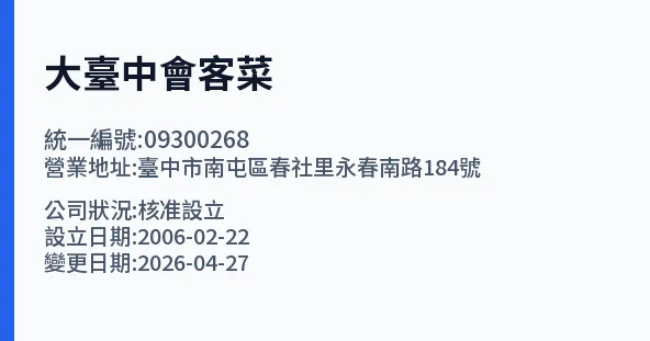 大臺中會客菜的照片-統編 09300268(臺中市) 公司登記資料與營業項目詳細圖表
