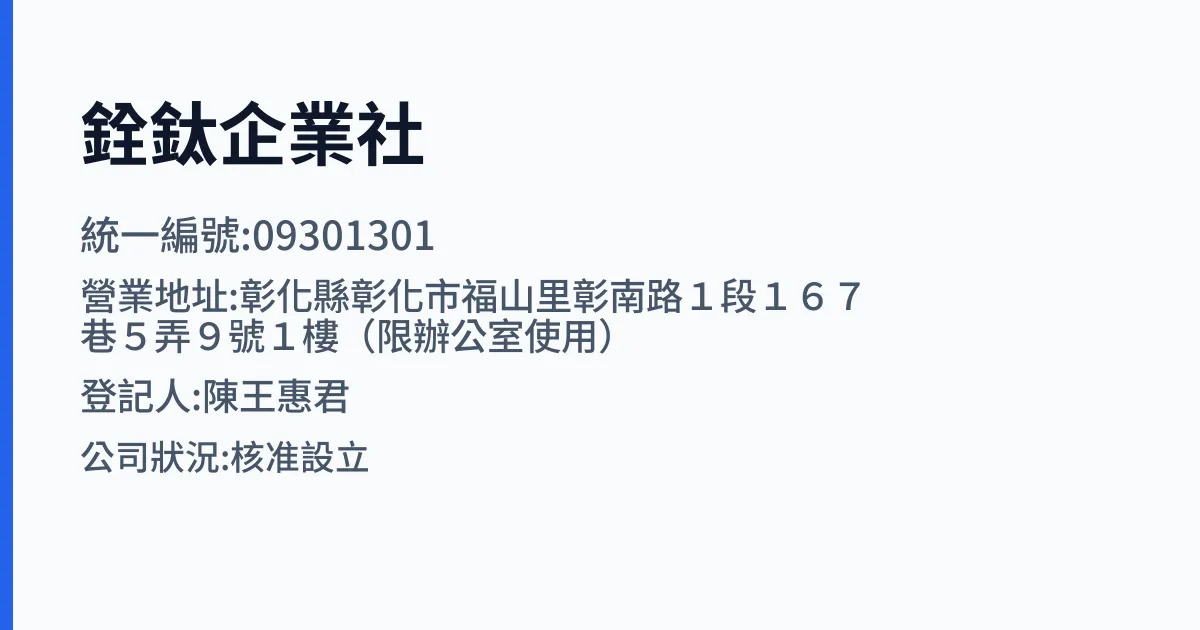 銓鈦企業社 - 統編 09301301(彰化縣) 公司登記資料與營業項目詳細圖表