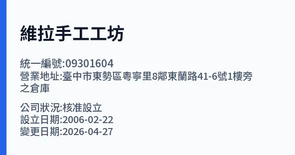 維拉手工工坊的照片-統編 09301604(臺中市) 公司登記資料與營業項目詳細圖表