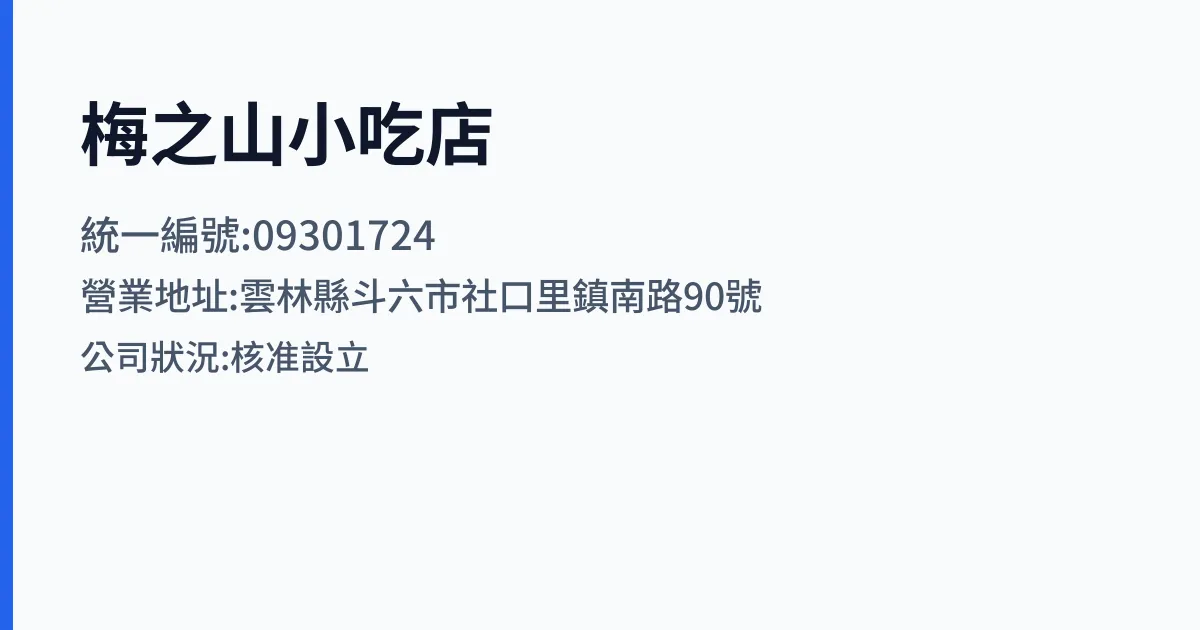 梅之山小吃店 - 統編 09301724(雲林縣) 公司登記資料與營業項目詳細圖表