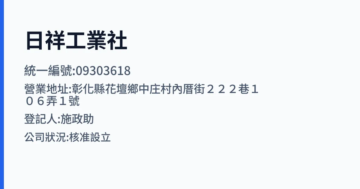 日祥工業社 - 統編 09303618(彰化縣) 公司登記資料與營業項目詳細圖表