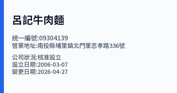 呂記牛肉麵的照片-統編 09304139(南投縣) 公司登記資料與營業項目詳細圖表