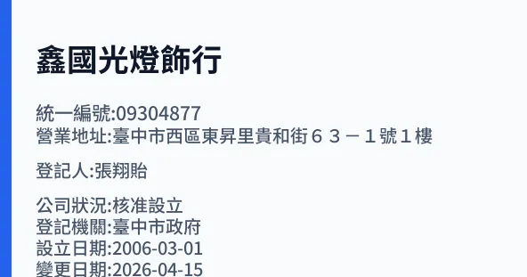 鑫國光燈飾行的照片-統編 09304877(臺中市) 公司登記資料與營業項目詳細圖表