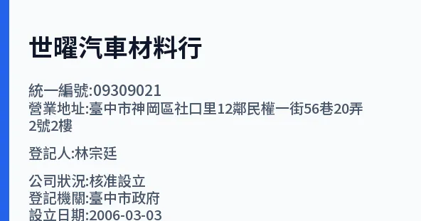 世曜汽車材料行的照片-統編 09309021(臺中市) 公司登記資料與營業項目詳細圖表