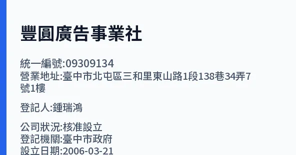 豐圓廣告事業社的照片-統編 09309134(臺中市) 公司登記資料與營業項目詳細圖表