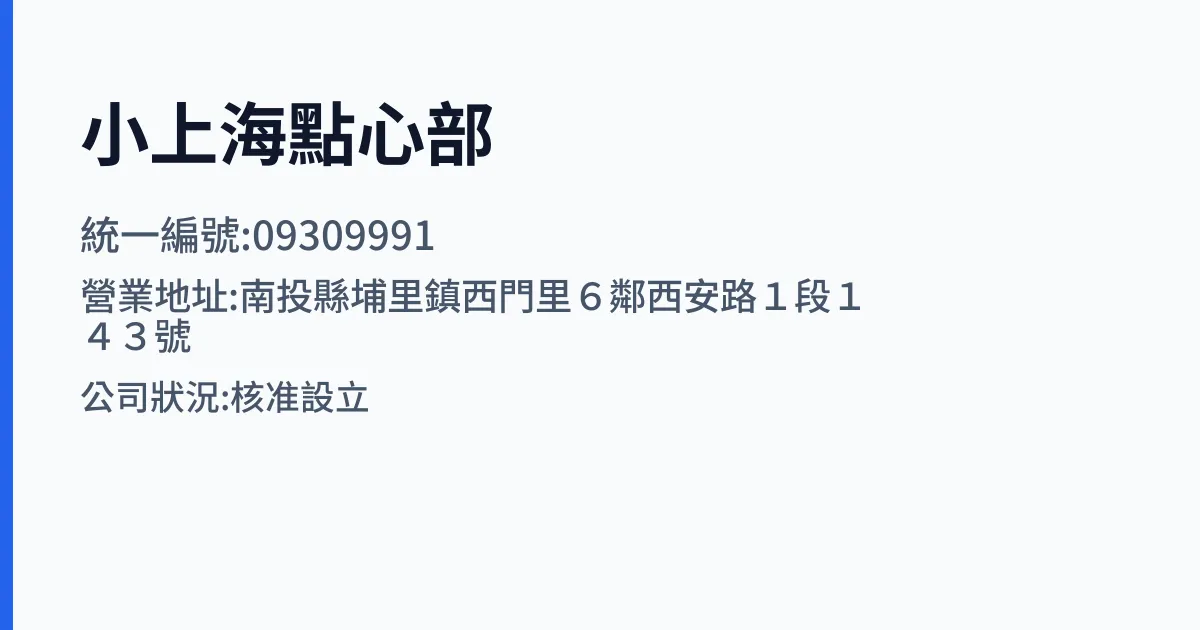小上海點心部 - 統編 09309991(南投縣) 公司登記資料與營業項目詳細圖表