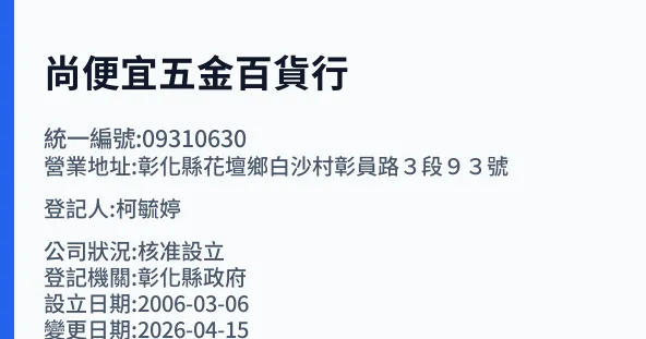 尚便宜五金百貨行的照片-統編 09310630(彰化縣) 公司登記資料與營業項目詳細圖表
