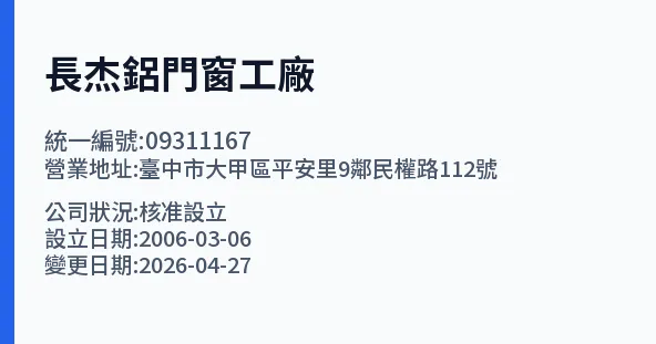 長杰鋁門窗工廠的照片-統編 09311167(臺中市) 公司登記資料與營業項目詳細圖表