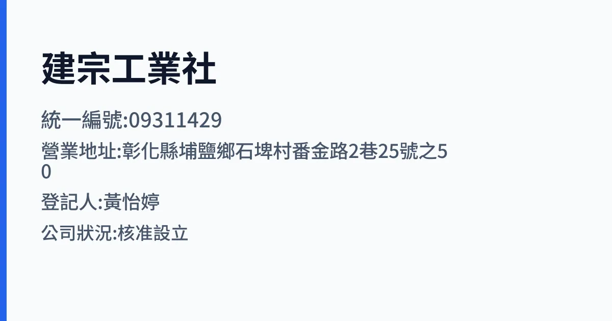 建宗工業社 - 統編 09311429（彰化縣） 公司登記資料與營業項目詳細圖表
