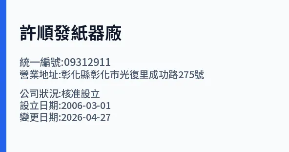 許順發紙器廠的照片-統編 09312911(彰化縣) 公司登記資料與營業項目詳細圖表