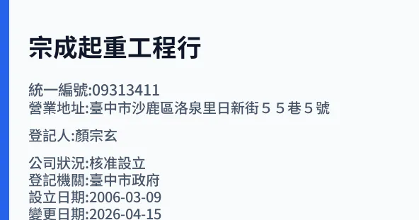 宗成起重工程行的照片-統編 09313411(臺中市) 公司登記資料與營業項目詳細圖表