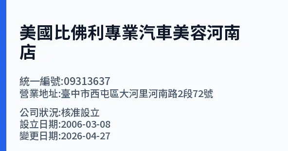 美國比佛利專業汽車美容河南店的照片-統編 09313637(臺中市) 公司登記資料與營業項目詳細圖表