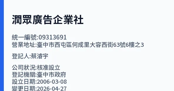 潤眾廣告企業社的照片-統編 09313691(臺中市) 公司登記資料與營業項目詳細圖表